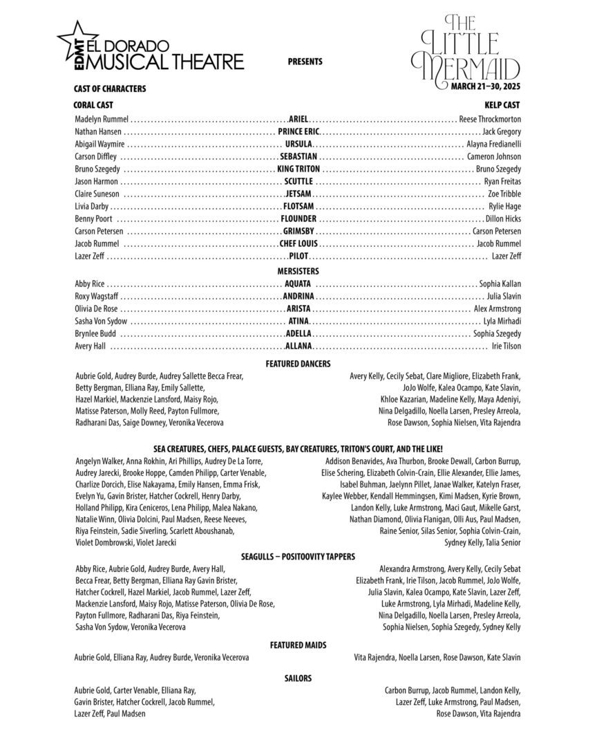 The Little Mermaid cast list program page - El Dorado Musical Theatre